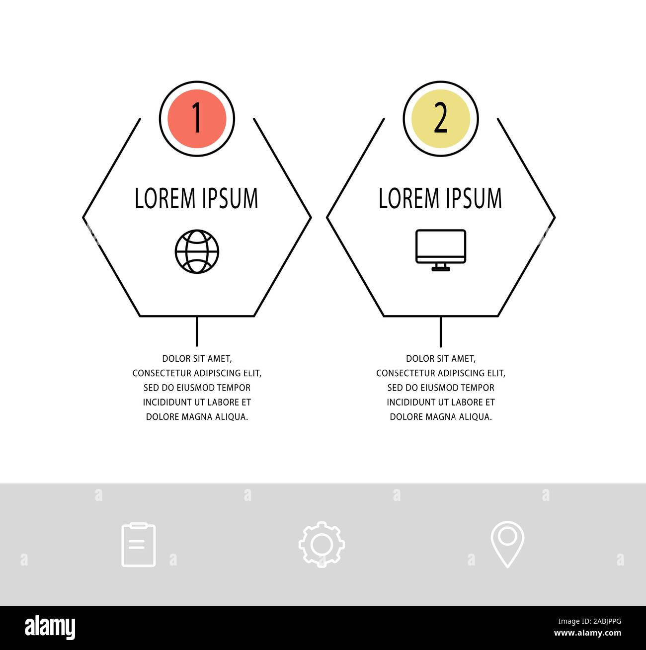 Vector flat infographic template. Line hexagon with text and icons for two diagrams, graph ...