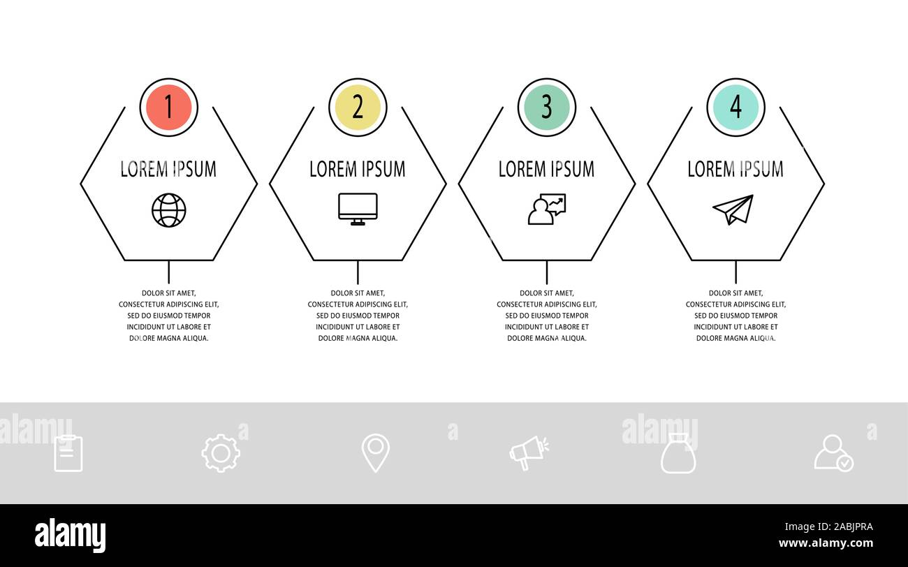 Vector flat infographic template. Line hexagon with text and icons for ...