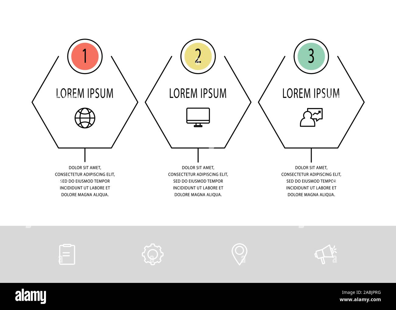 Vector flat infographic template. Line hexagon with text and icons for three diagrams, graph ...