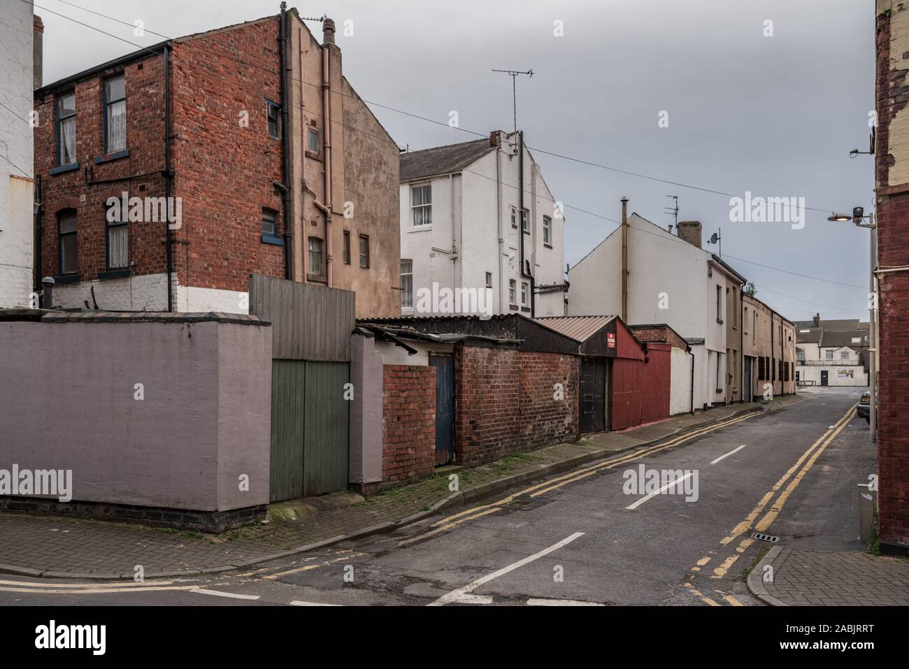 Blackpool, England, UK - April 28, 2019: Grey clouds over run down ...