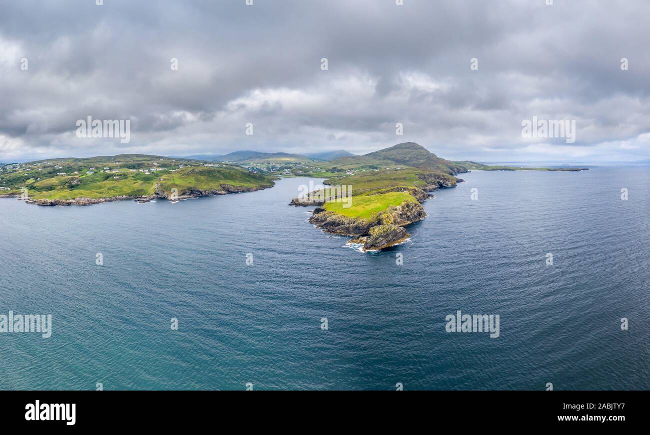 Aerial view of Teelin Bay and Kilcar in County Donegal on the Wild ...