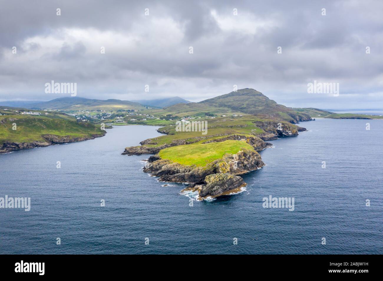 Aerial view of Teelin Bay and Kilcar in County Donegal on the Wild ...