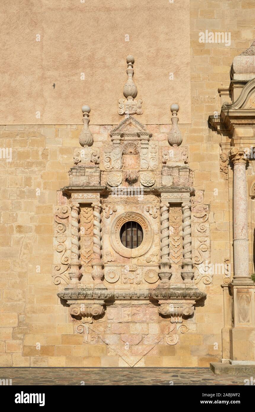 Ornate window of the church building in the ancient Poblet monastery ...