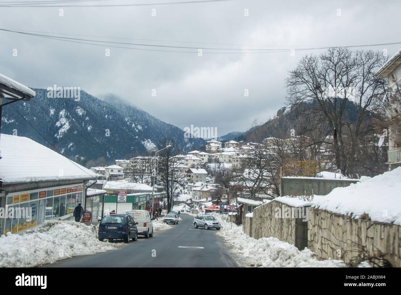 Smolyan ,Bulgaria - Street in the city of Smolyan, the winter road and ...