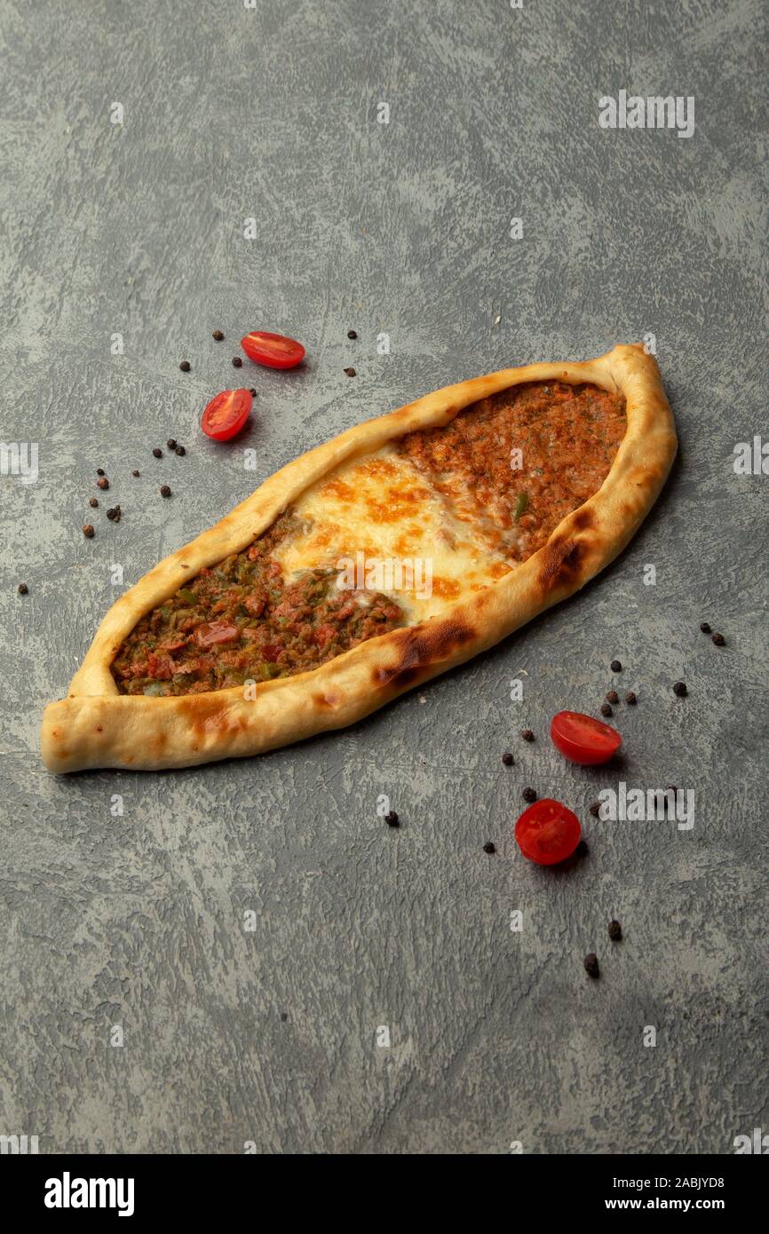 pide with chopped meat and melted cheese Stock Photo - Alamy