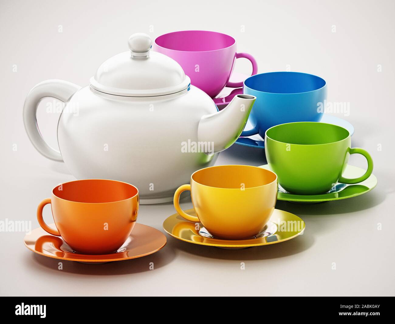 Vibrant colored tea set with soft shadows. 3D illustration Stock Photo ...