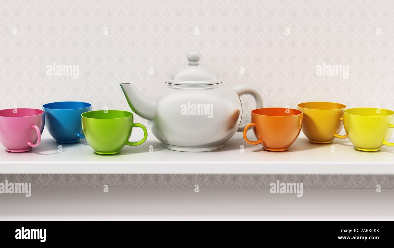 Vibrant colored tea set standing on the shelf. 3D illustration Stock ...