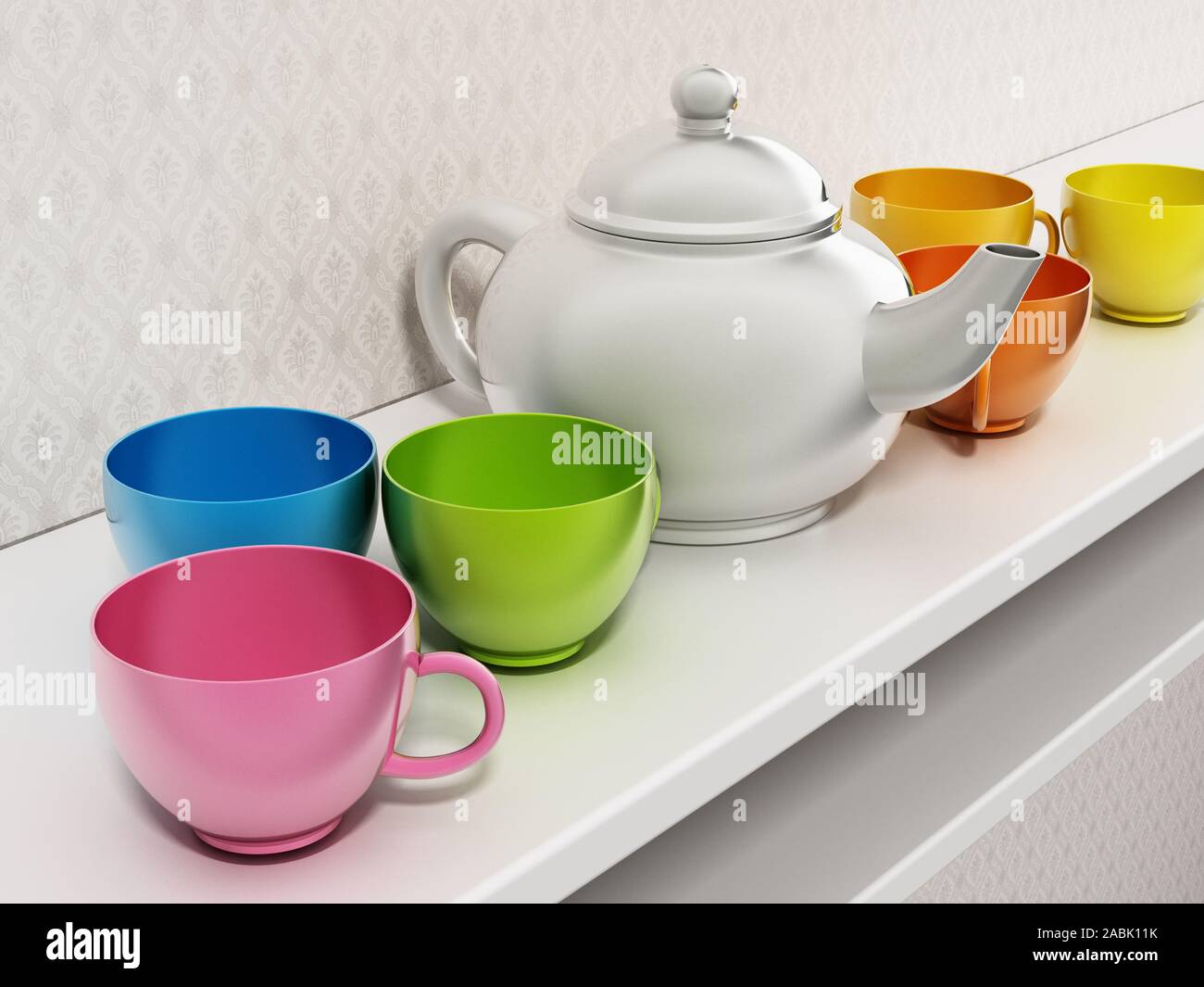 Vibrant colored tea set standing on the shelf. 3D illustration Stock ...