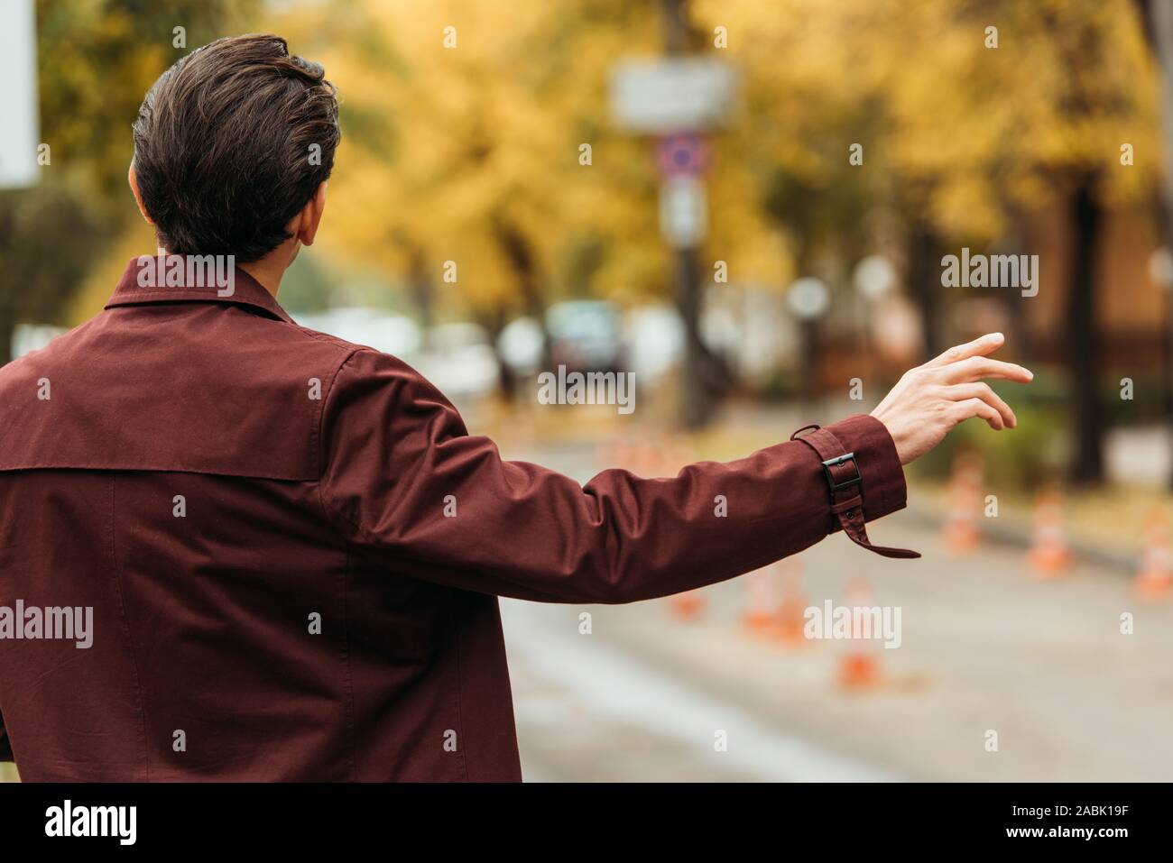 Back view of man catching taxi on street Stock Photo - Alamy