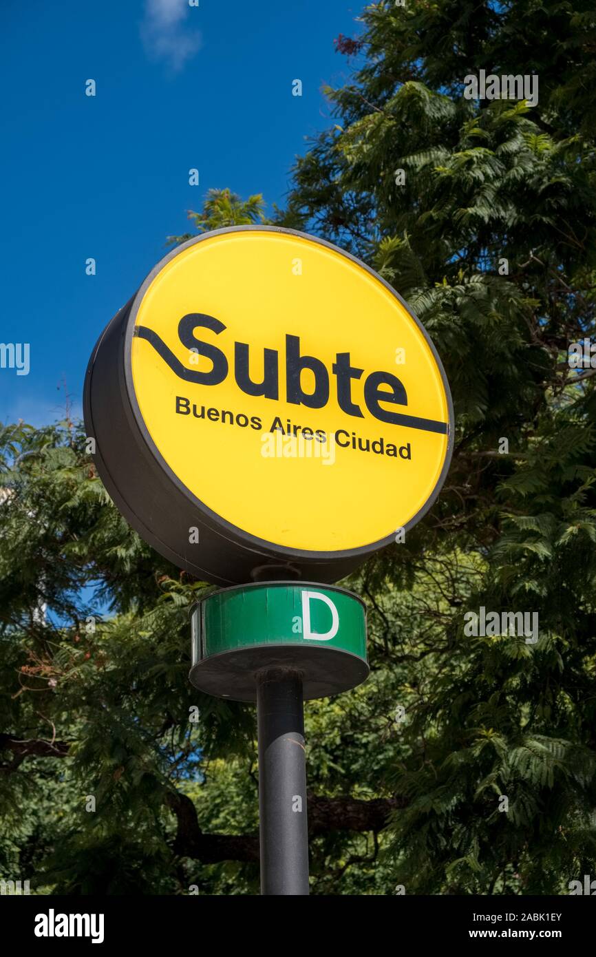 BUENOS AIRES, ARGENTINA, - APRIL, 17, 2019: A sign for Subte, the brand ...
