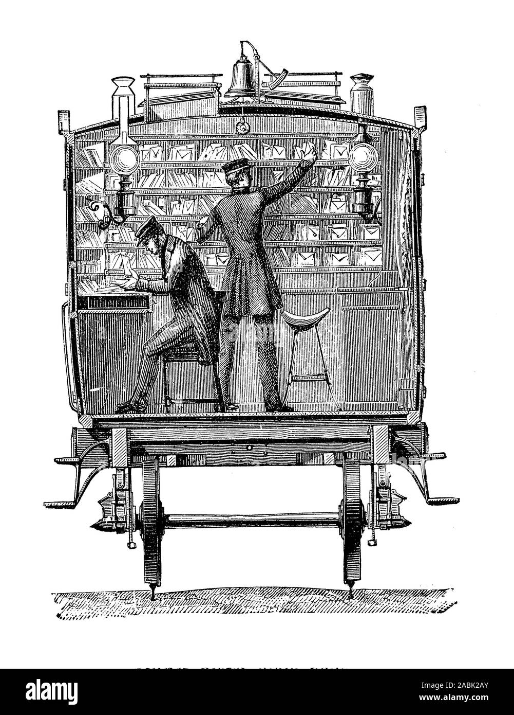 Interior of railways post wagon, employees select the post for delivery ...