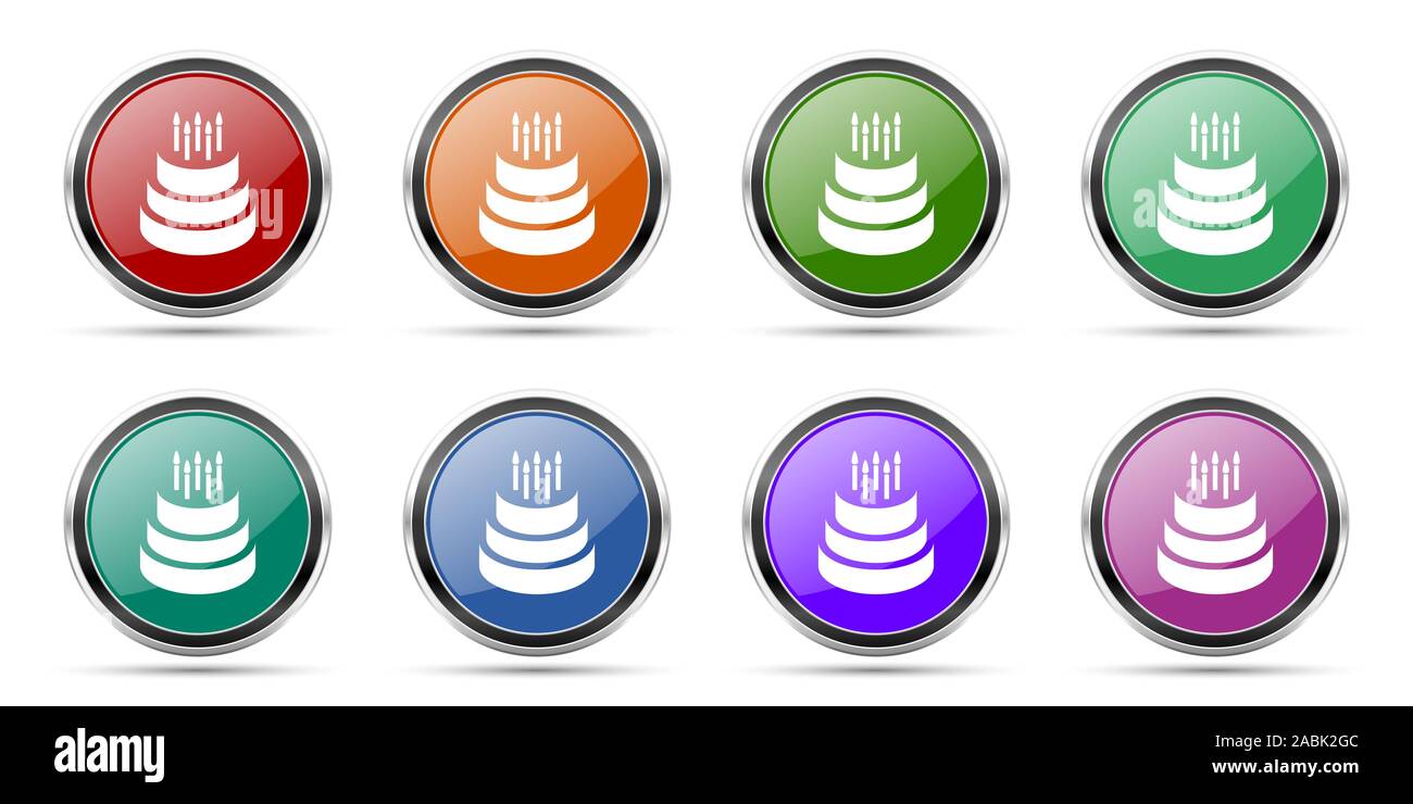Cake icons, set of round glossy web buttons with silver metallic chrome ...