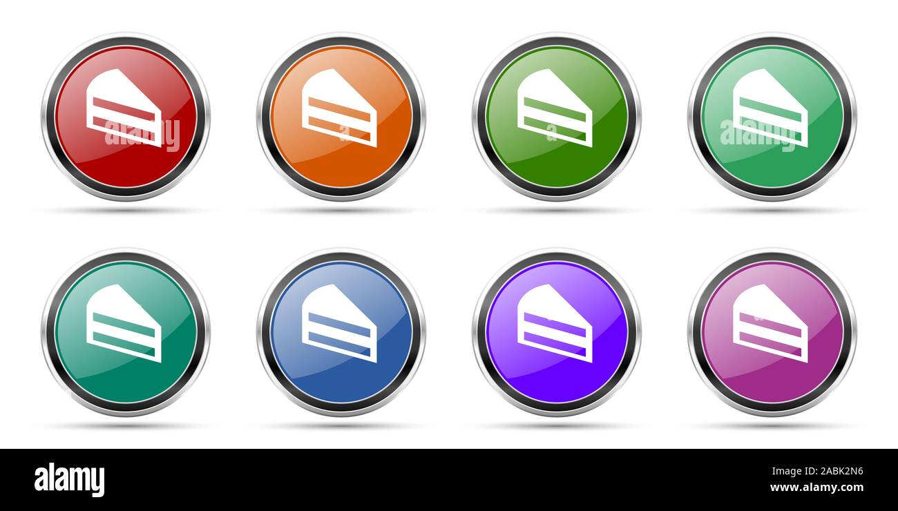 Cake icons, set of round glossy web buttons with silver metallic chrome ...
