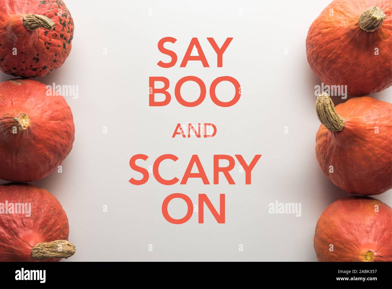 top view of ripe pumpkins in rows on white background with say boo and ...