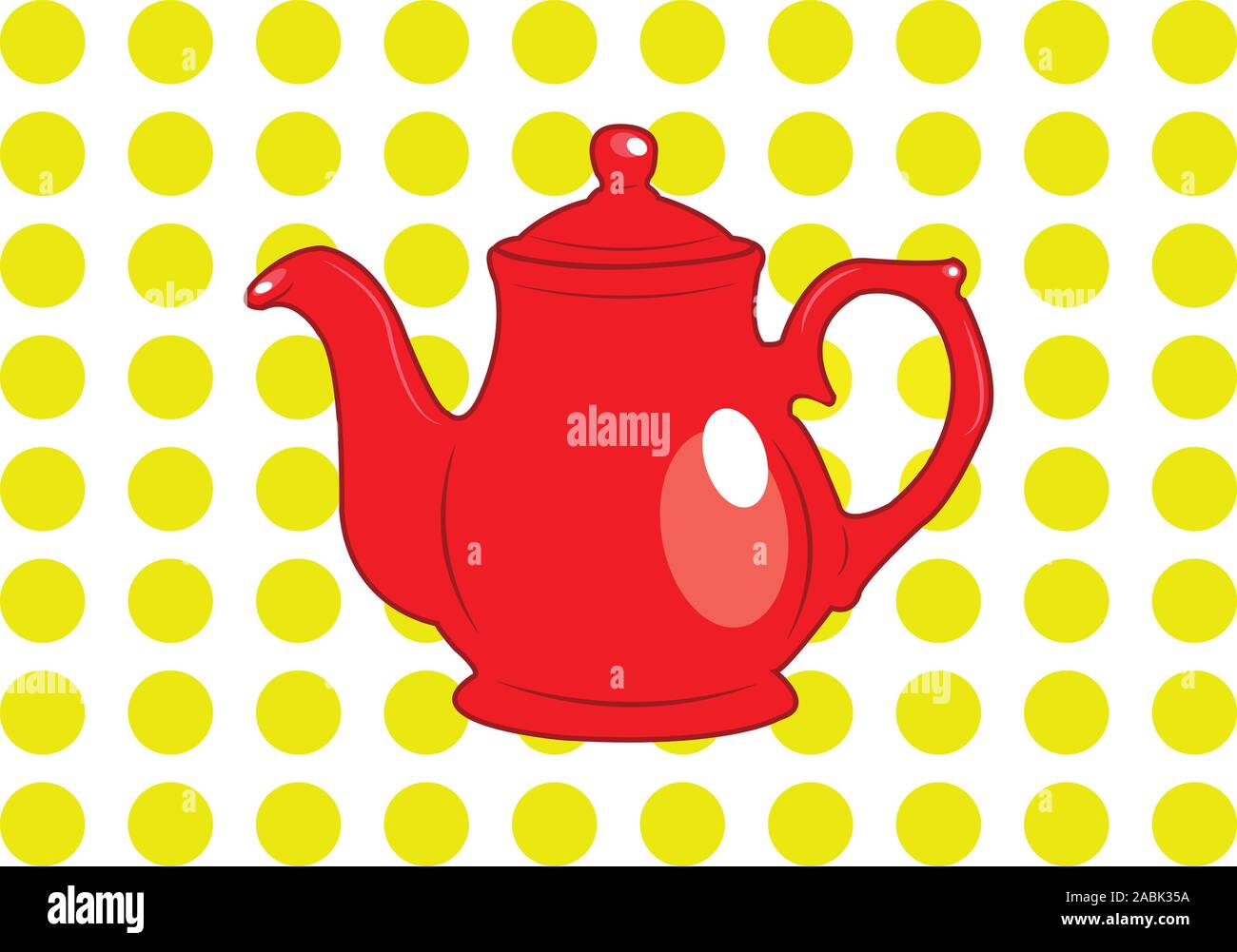 Stylized vector illustration of a cute red tea pot on a yellow polka ...