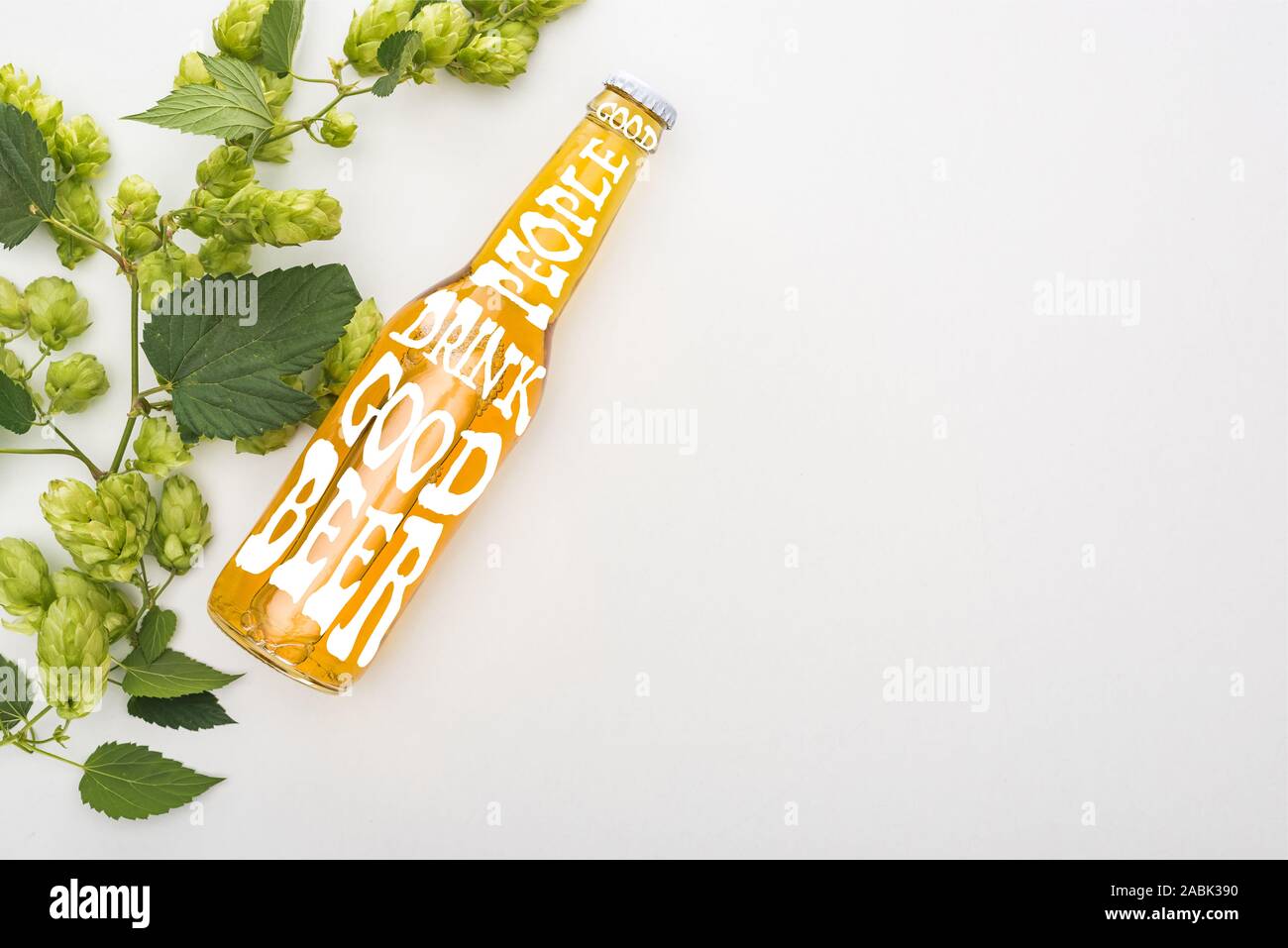 top view of beer in bottle with good people drink good beer lettering ...