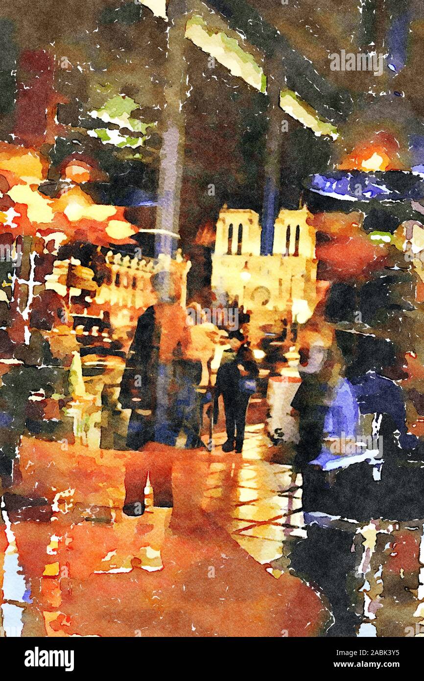Paris late at night through a window and in the background the church ...