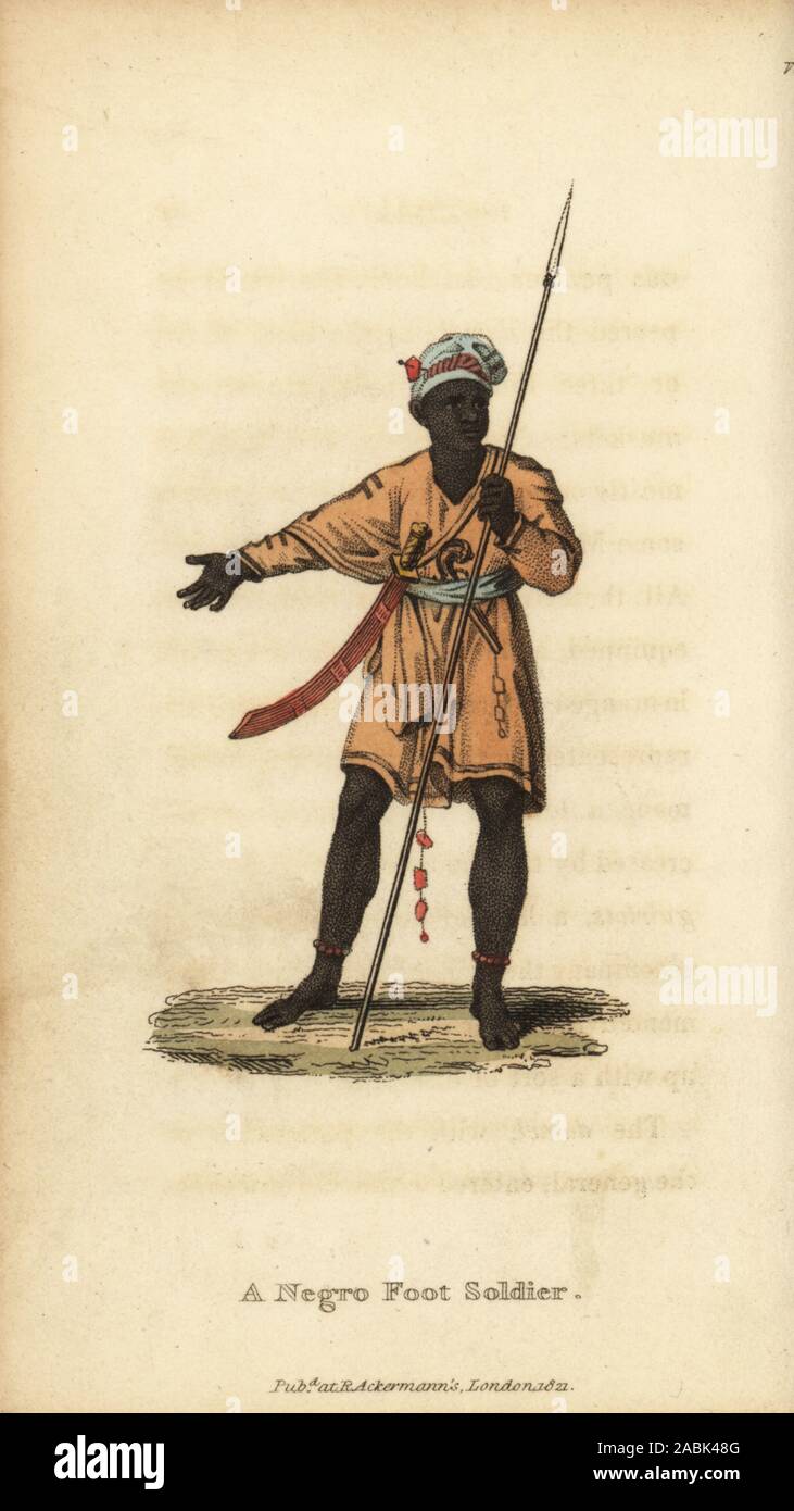 Soldier with sword, pistol and spear, Senegal, 18th century. A negro ...