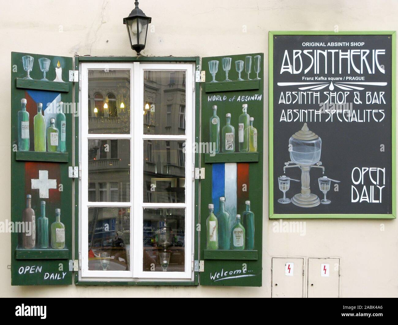 Window and signs of Absinth Shop and Bar in the old city centre of ...