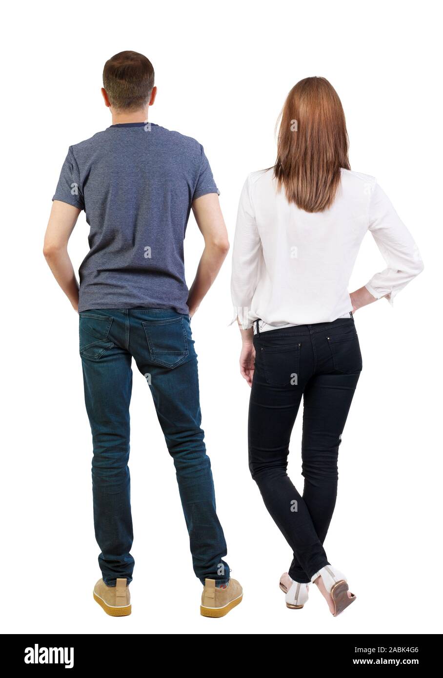 Back view of couple. beautiful friendly girl and guy together. Rear ...