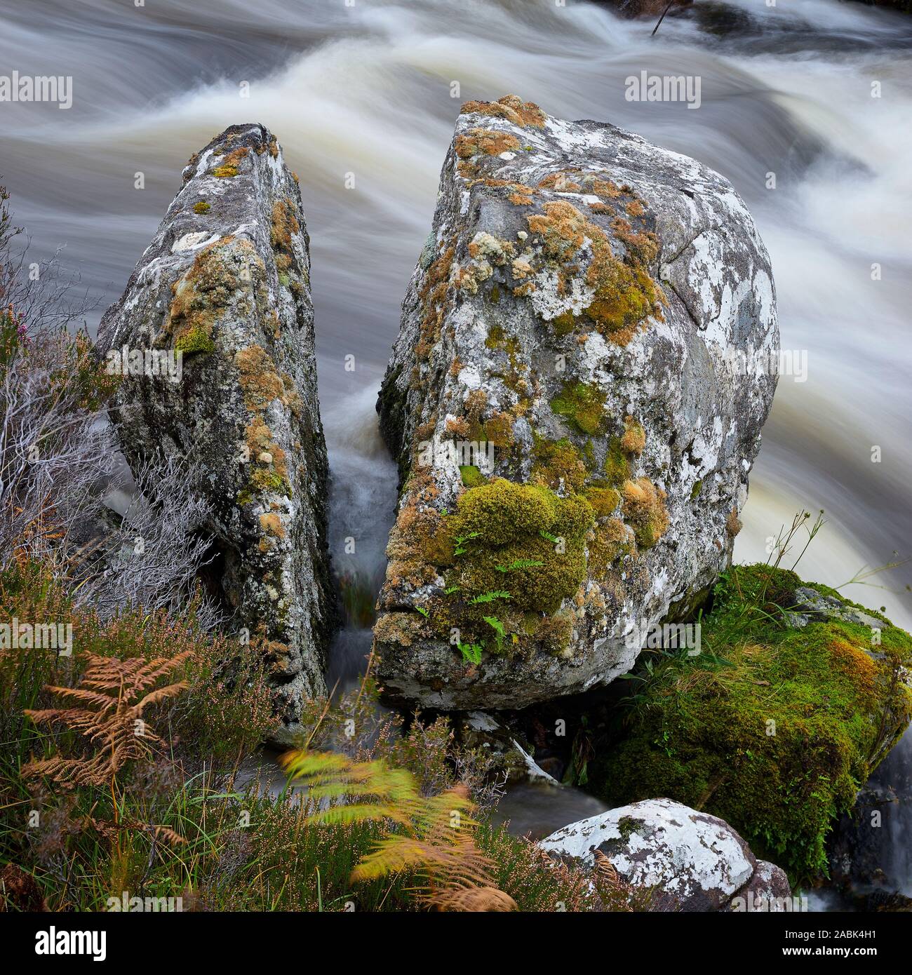 Split boulder in the Inverianvie River, Gruinard Bay, Wester Ross ...