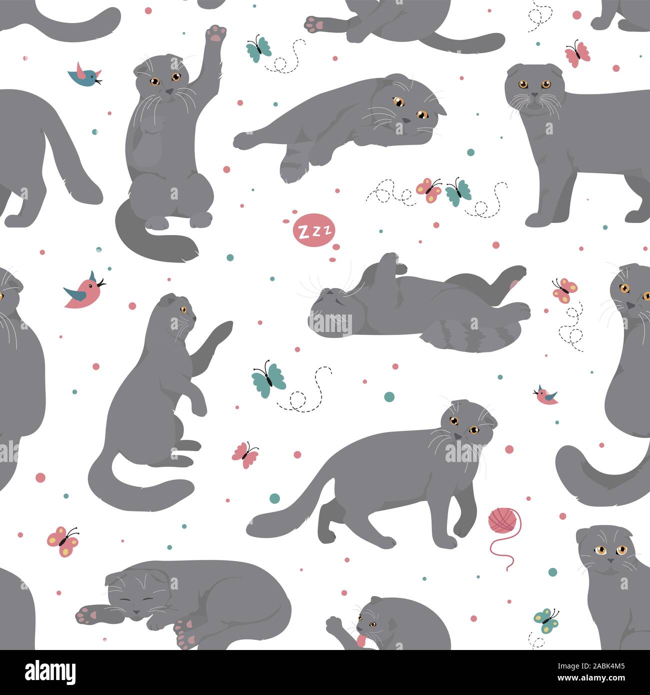 Cartoon cat characters seamless pattern. Scottish fold`s poses and ...