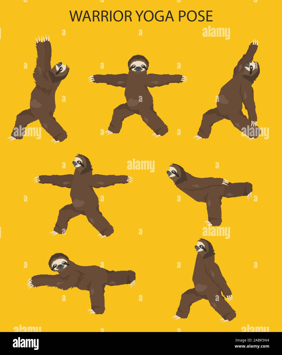 Sloth yoga collection. Warrior yoga position. Funny cartoon animals in ...