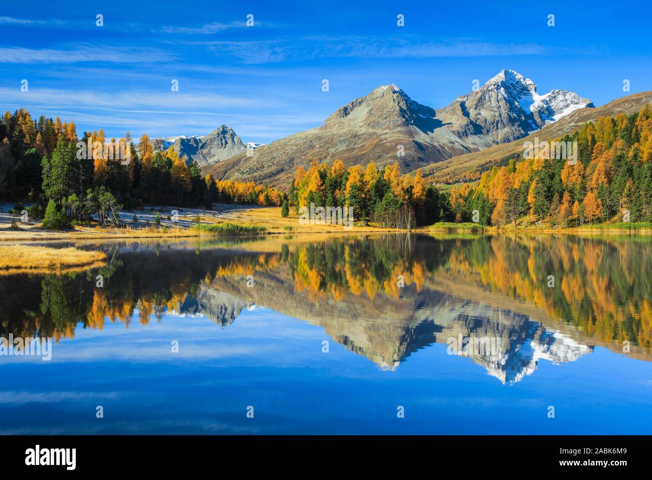 The Piz Albaba and the Piz Julier mirrored in the Lake of Staz (Lej da ...