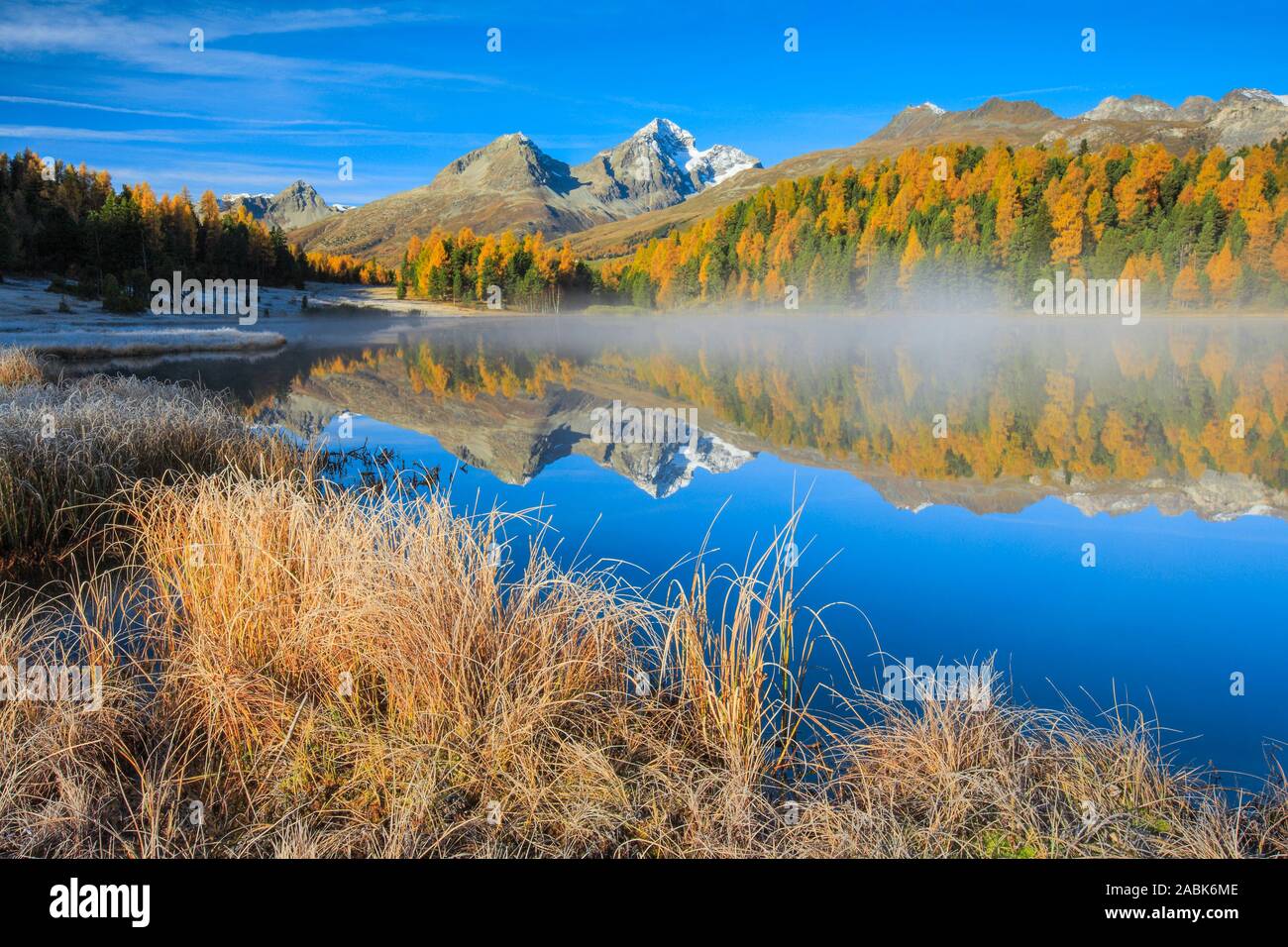 The Piz Albaba and the Piz Julier mirrored in the Lake of Staz (Lej da ...