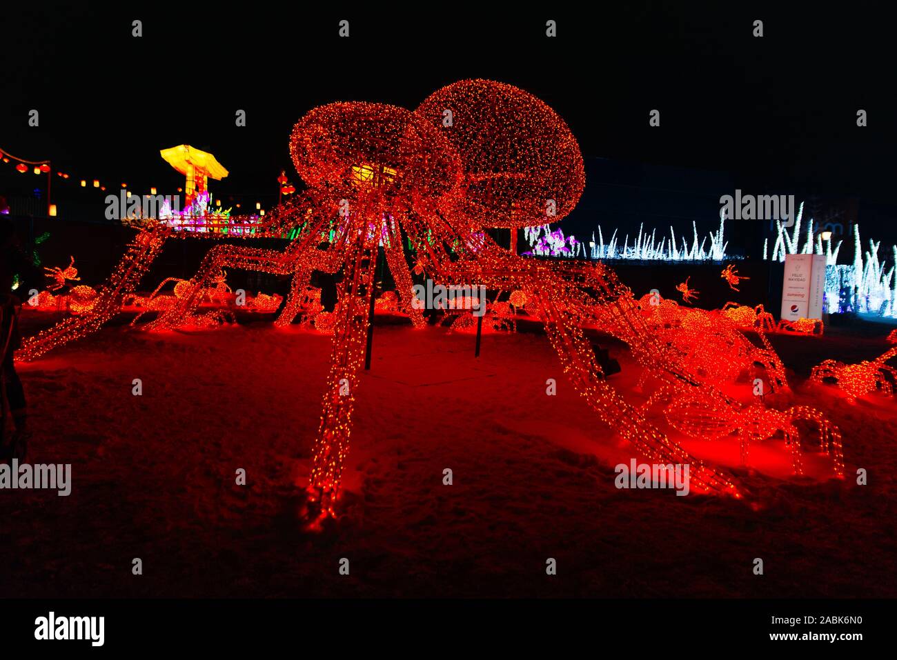 Christmas decoration and luminous garland, and many glowing light bulbs ...