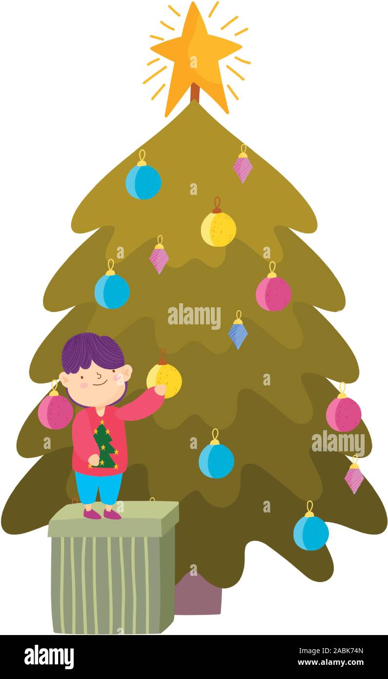 merry christmas boy in gift decorating the tree with balls vector ...