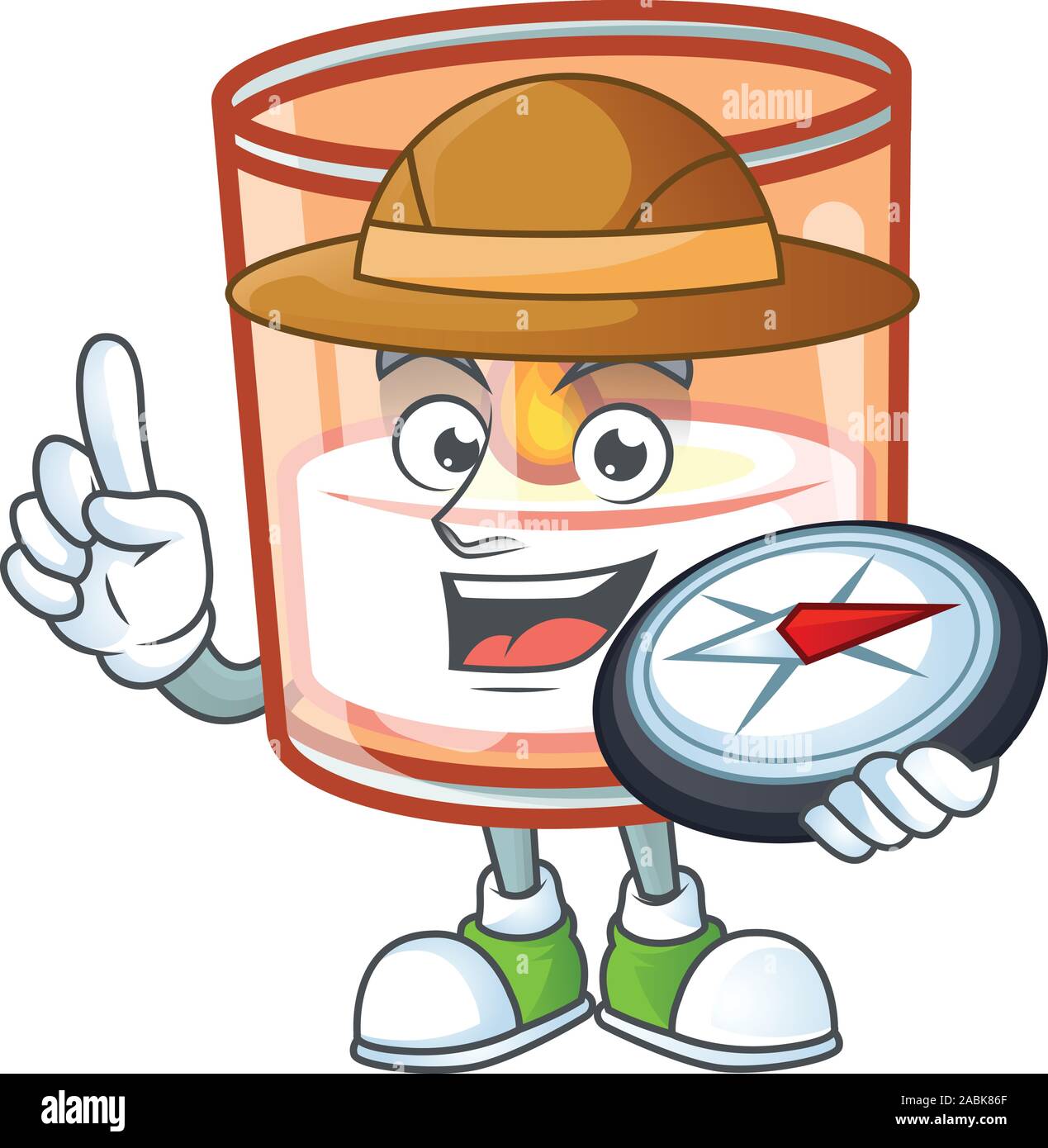 Explorer candle in glass cartoon character holding a compass Stock ...
