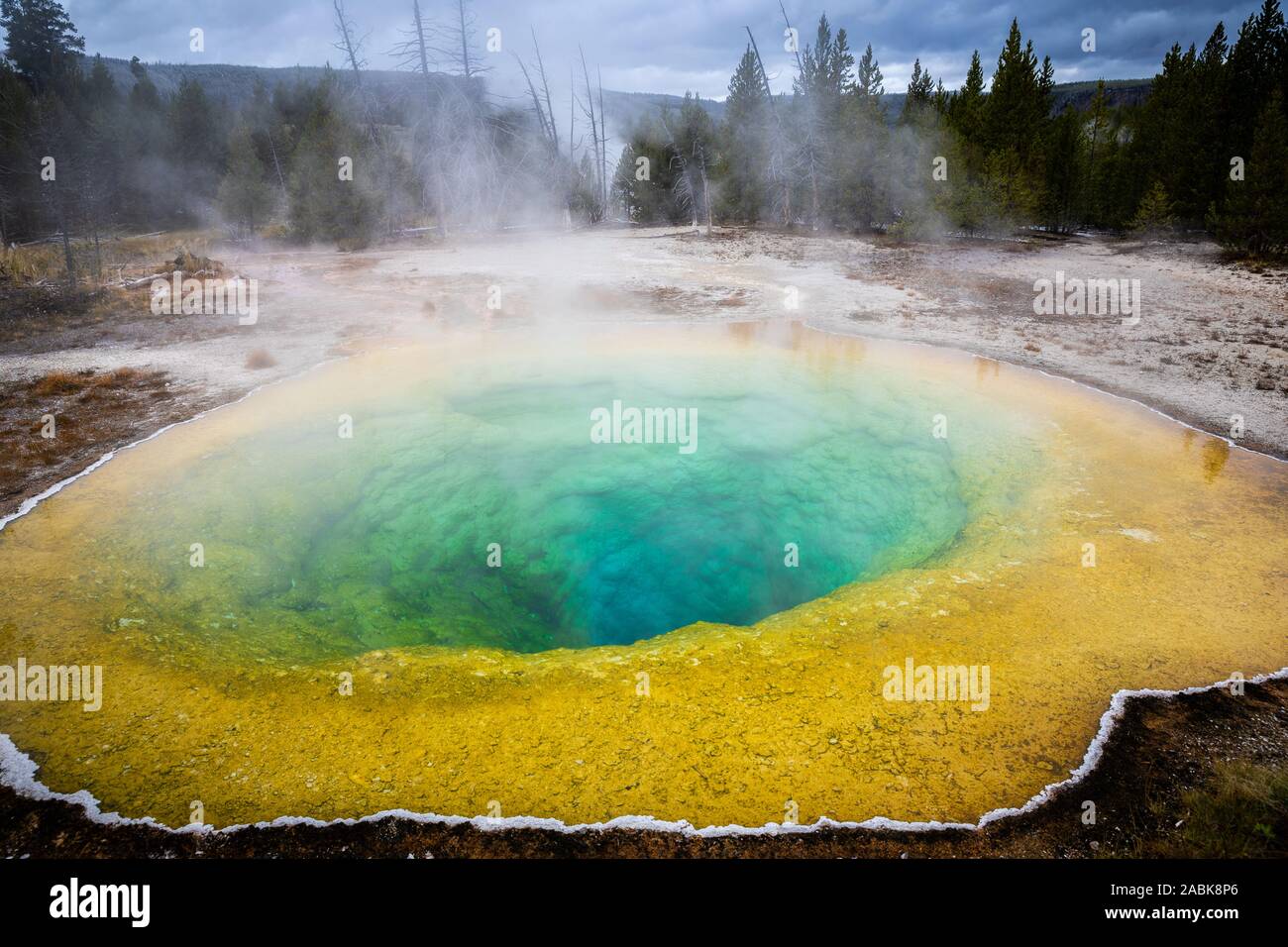 Colorful geyser basin with boiling water from geothermal heat, Morning ...