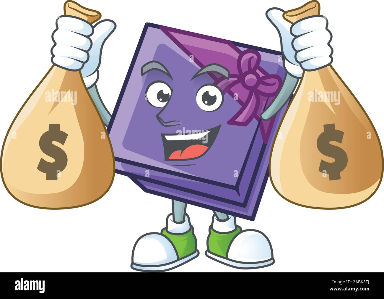 Cute purple gift box cartoon character smiley with money bag Stock ...