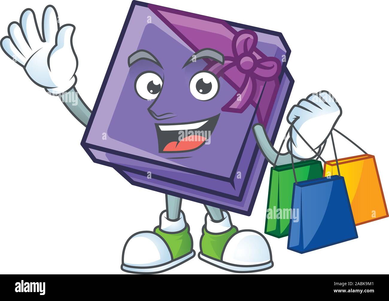 Cheerful purple gift box cartoon character waving and holding Shopping ...