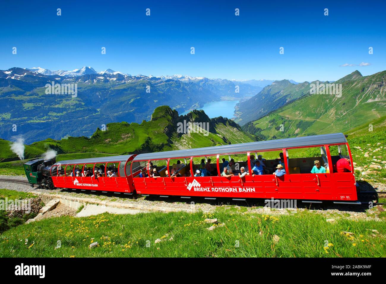 View from the Brienzer Rothorn to Brienz Rothorn Railway, a steam rack ...