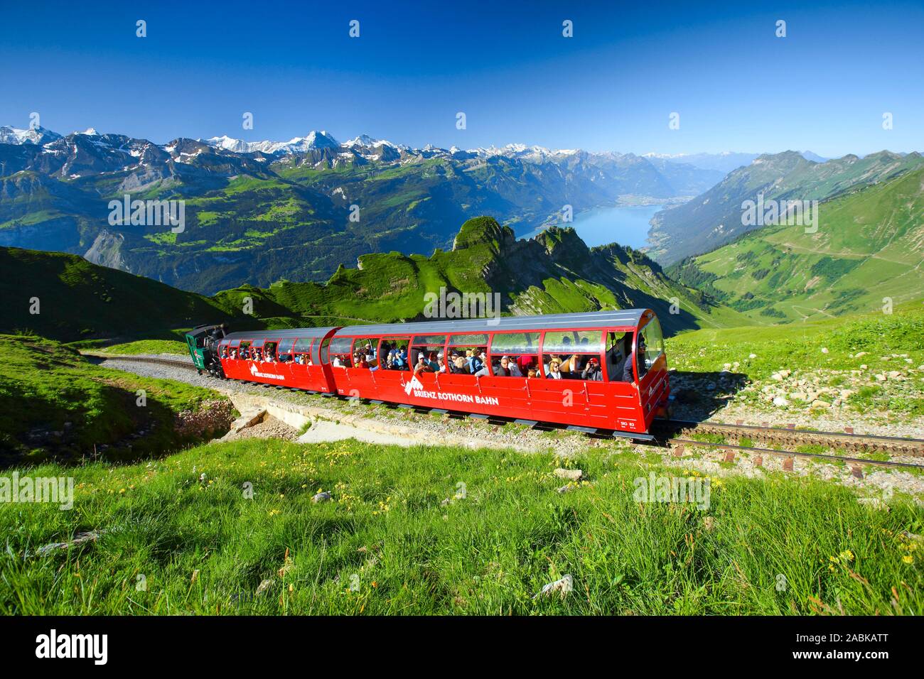View from the Brienzer Rothorn to Brienz Rothorn Railway, a steam rack ...