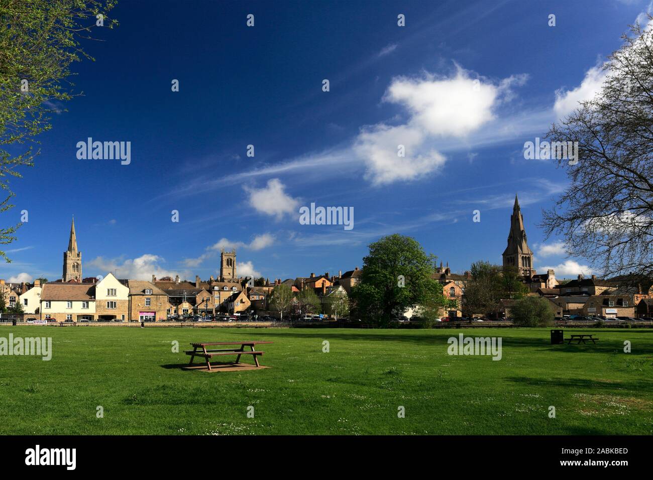 View over the river Welland meadows, Stamford town; Lincolnshire ...
