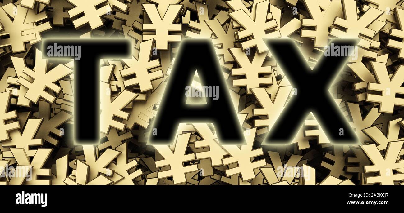 text tax on many gold yen symbol background. 3d rendering Stock Photo ...