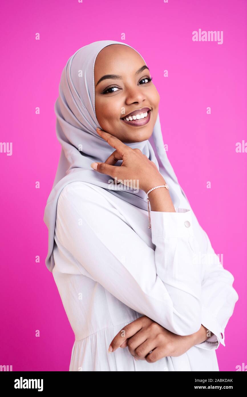 portrait of young modern muslim afro beauty wearing traditional islamic ...