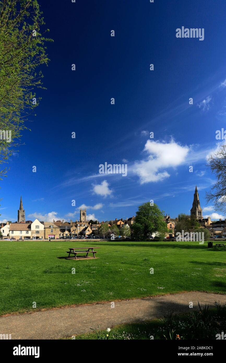 View over the river Welland meadows, Stamford town; Lincolnshire ...