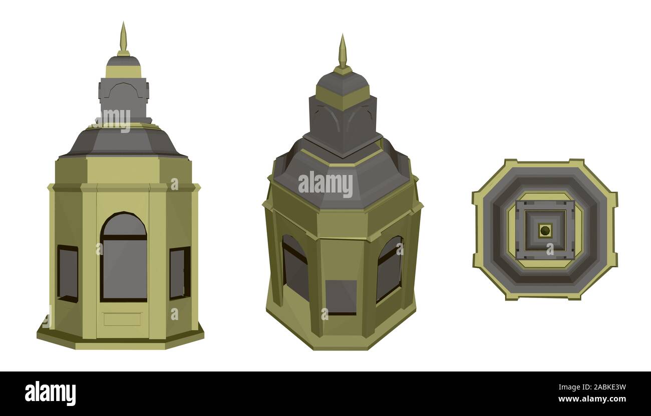 Set with polygonal building with a dome. Front view, isometric and top ...