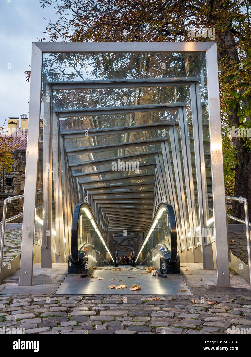 View of an escalator in the Old Town in Vitoria-Gasteiz, Basque Country ...