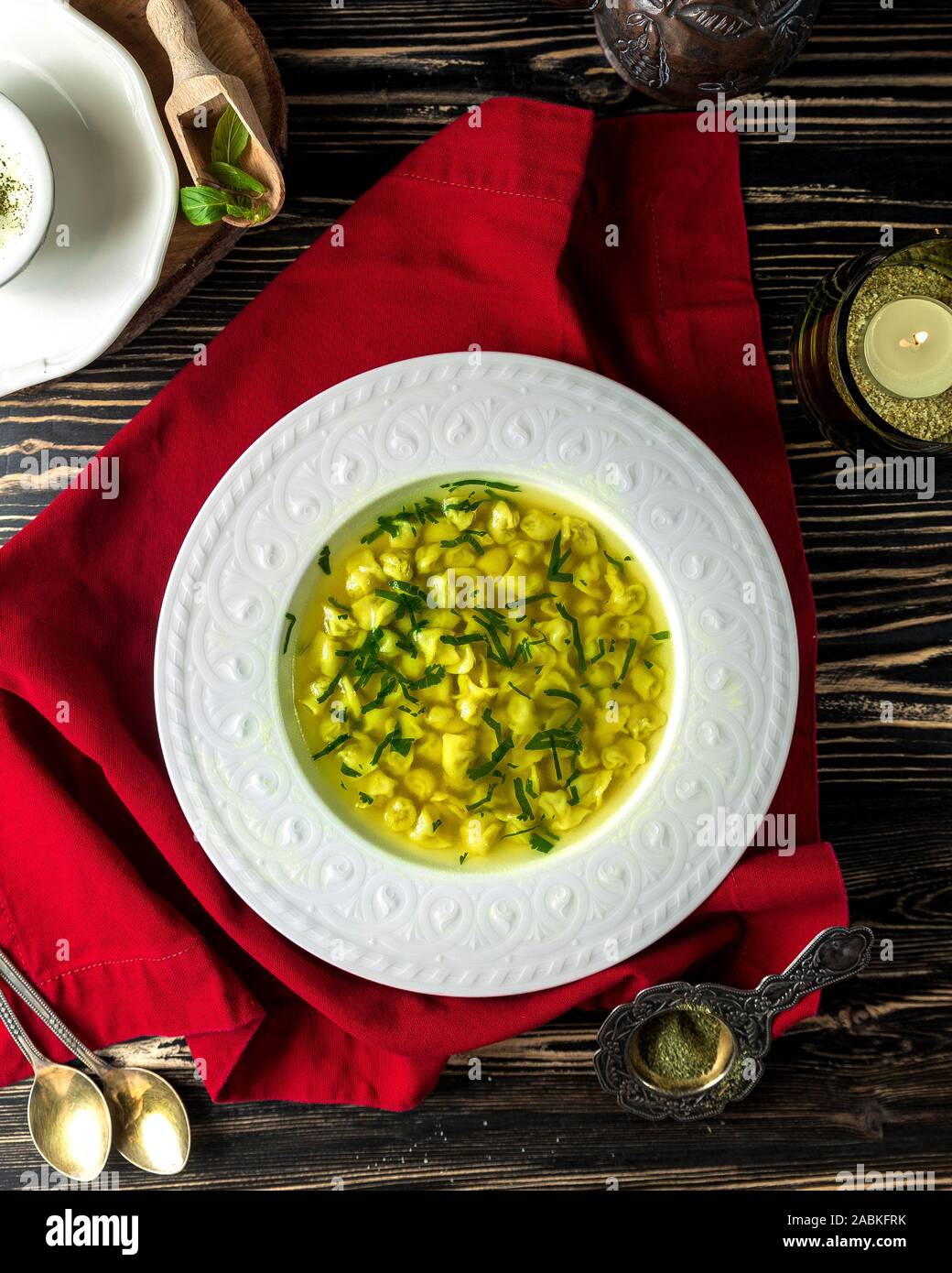 traditional soup dushbara with greenery Stock Photo - Alamy