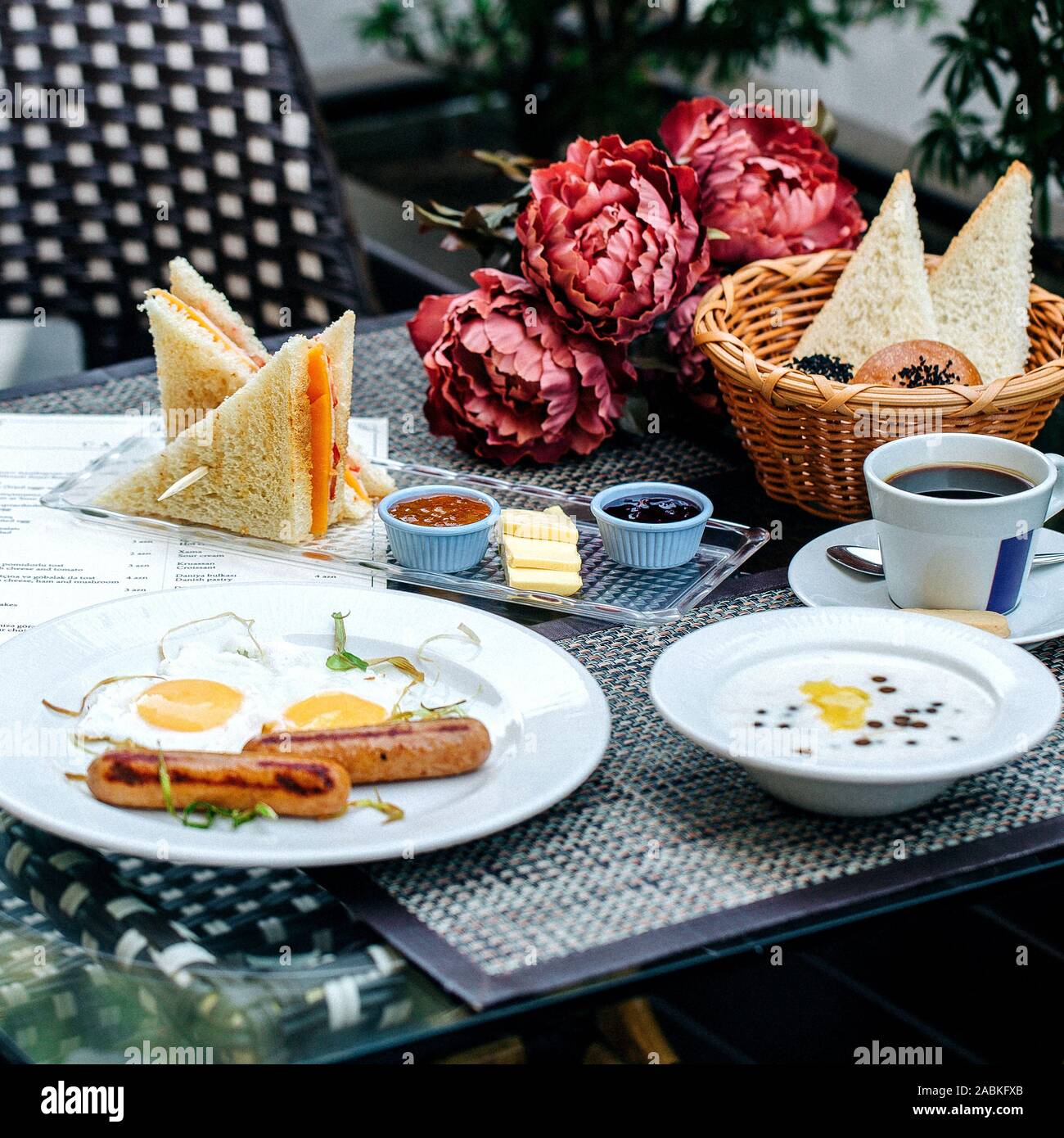 breakfast set with various food Stock Photo - Alamy