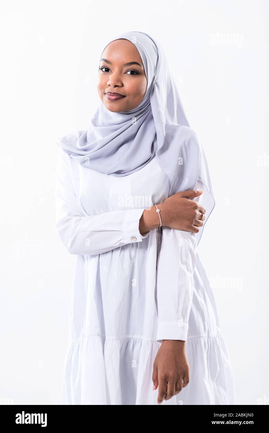 portrait of young modern muslim afro beauty wearing traditional islamic ...