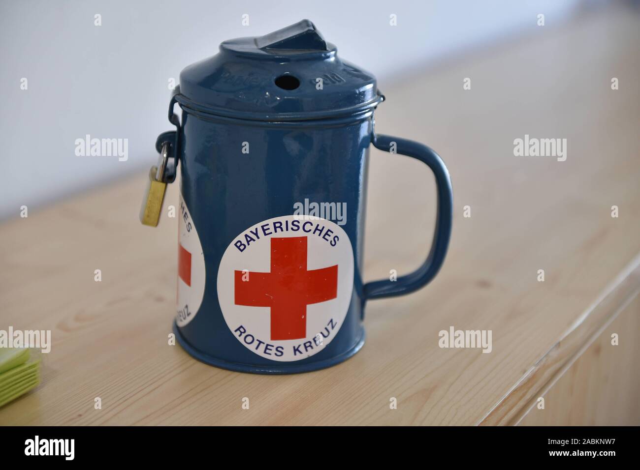 Old donation box in the rescue station 09 of the Bavarian Red Cross ...