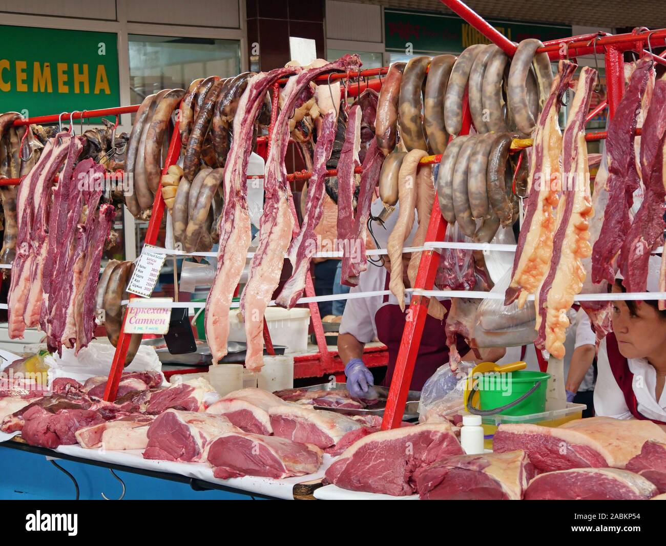 Almaty, Kazakhstan - August 24, 2019: In the meat section of the famous ...