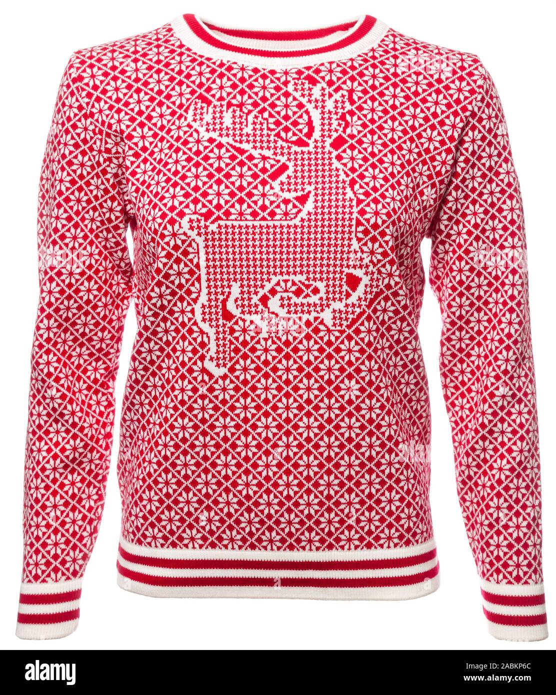 Red knitted sweater of traditional design with nordic geometric ...