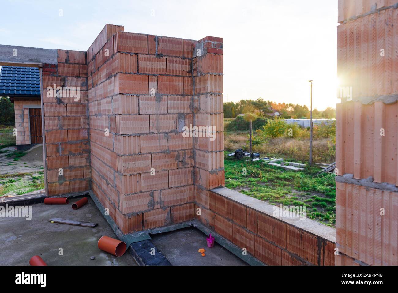 Interior of a Unfinished Red Brick House Walls under Construction ...
